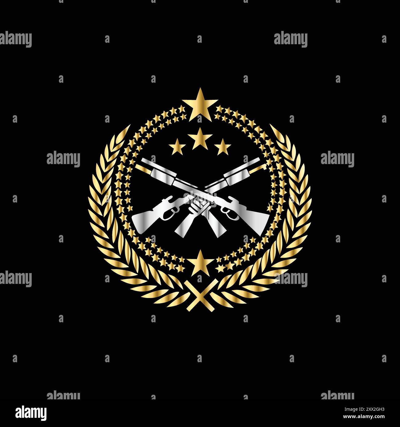 Crossed guns with golden laurel wreath vector logo template. Crossed ...