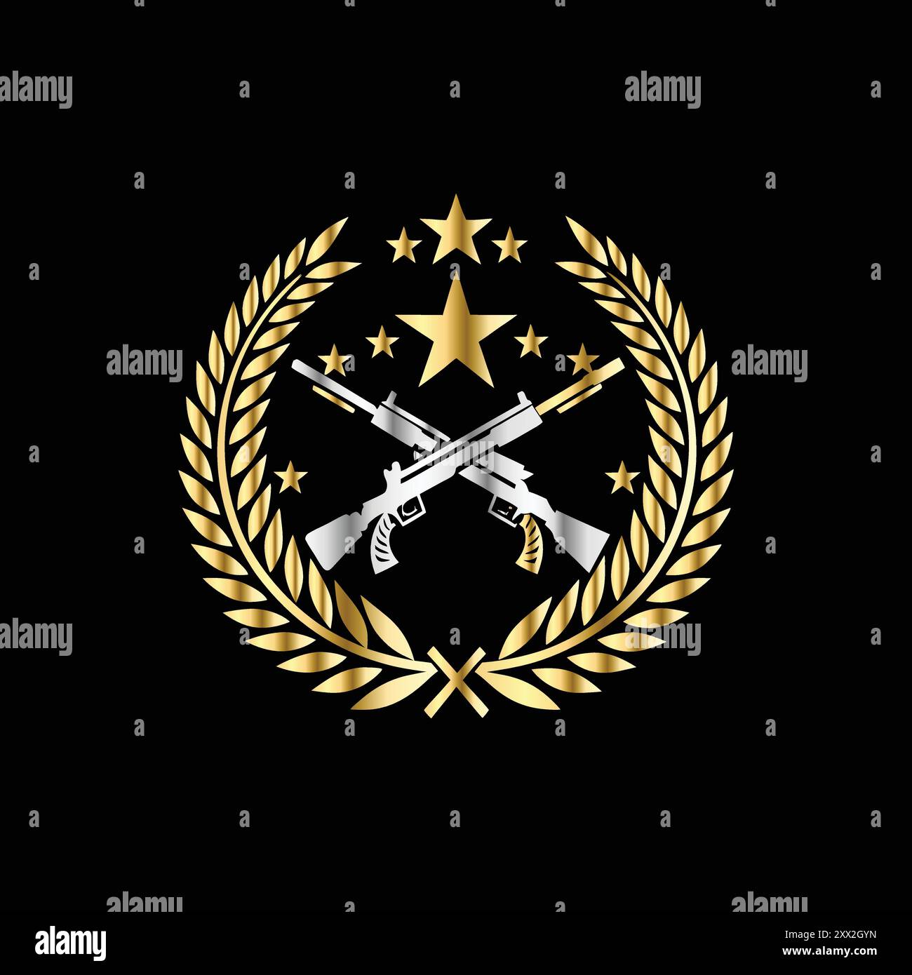 Crossed guns with golden laurel wreath vector logo template. Crossed ...
