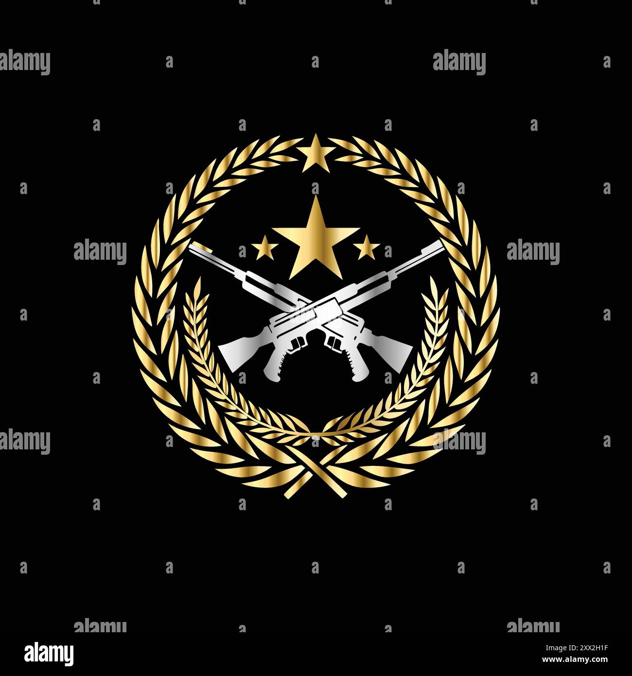 Crossed guns with golden laurel wreath vector logo template. Crossed ...