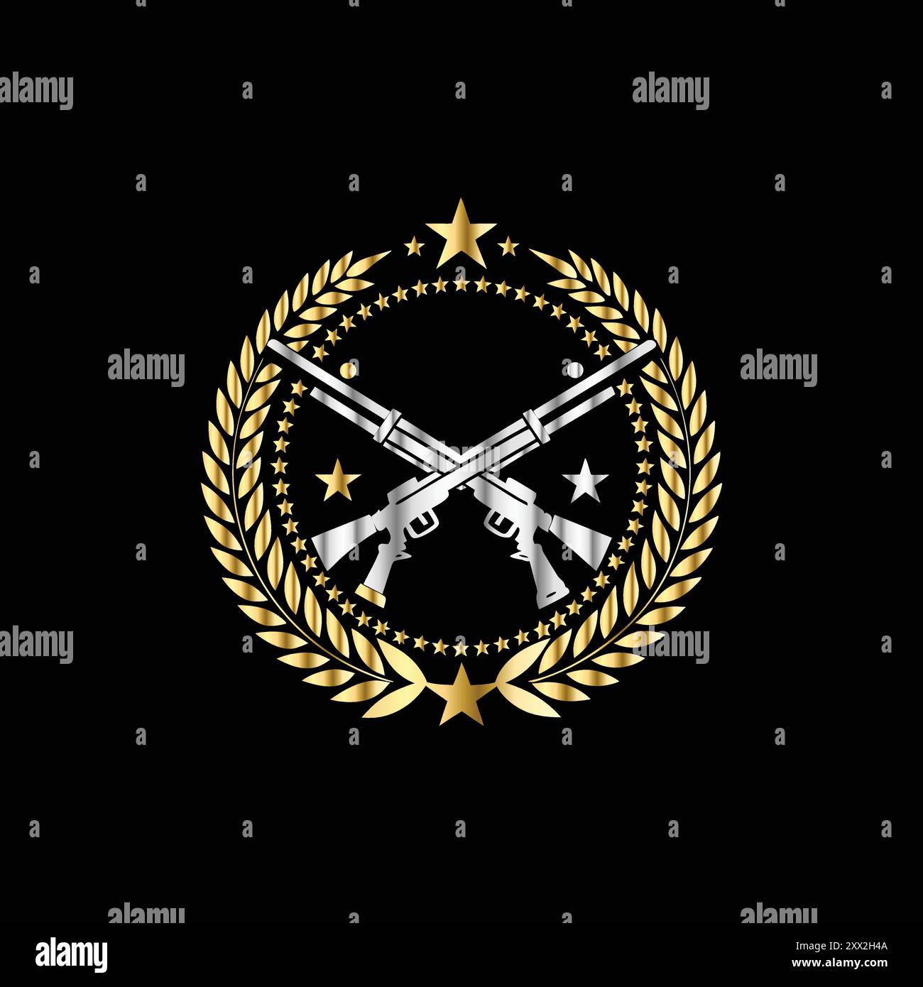 Crossed guns with golden laurel wreath vector logo template. Crossed ...