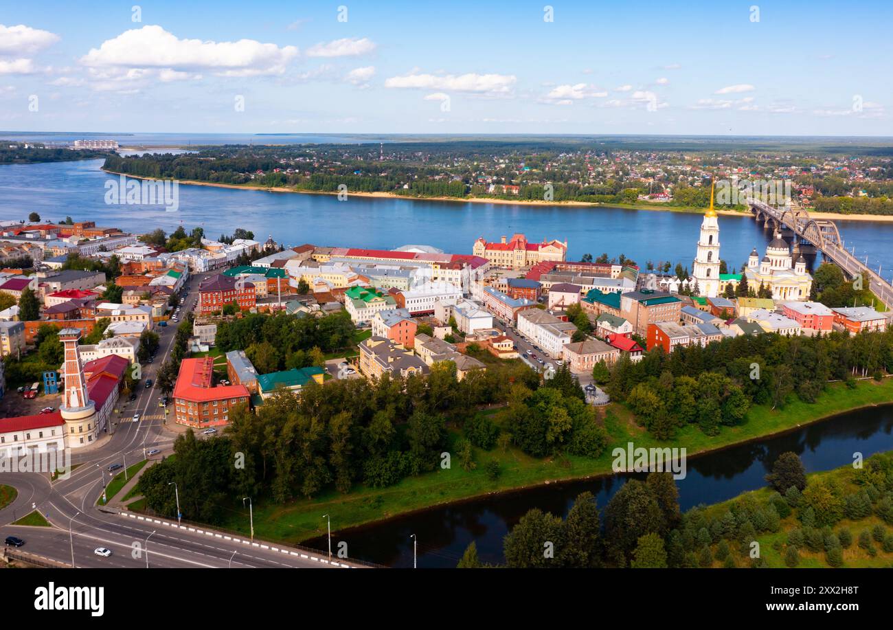 Aerial view of Rybinsk with Transfiguration Cathedral on bank of Volga ...
