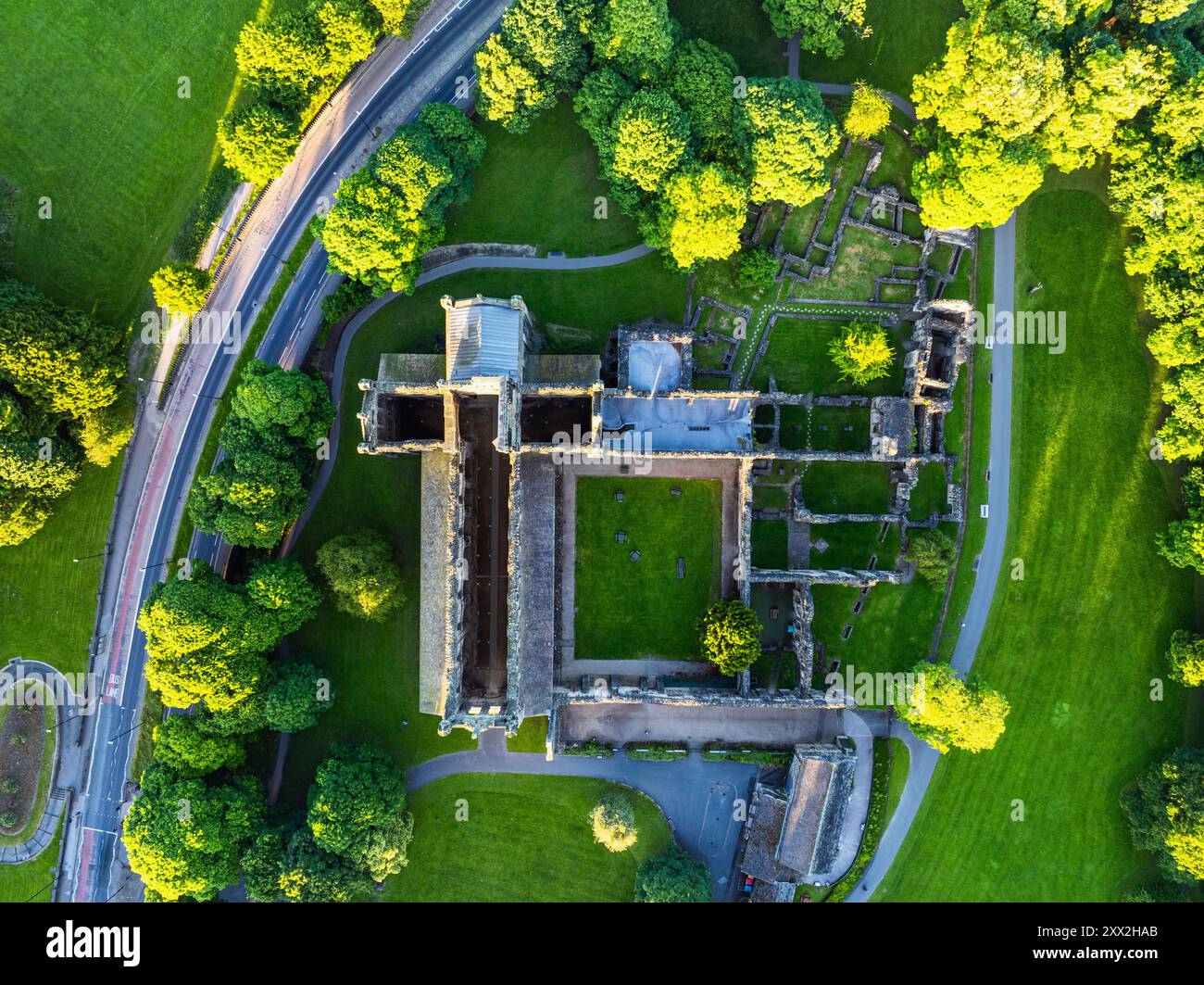 Top Down over Kirkstall Abbey from a drone, Kirkstall, River Aire ...