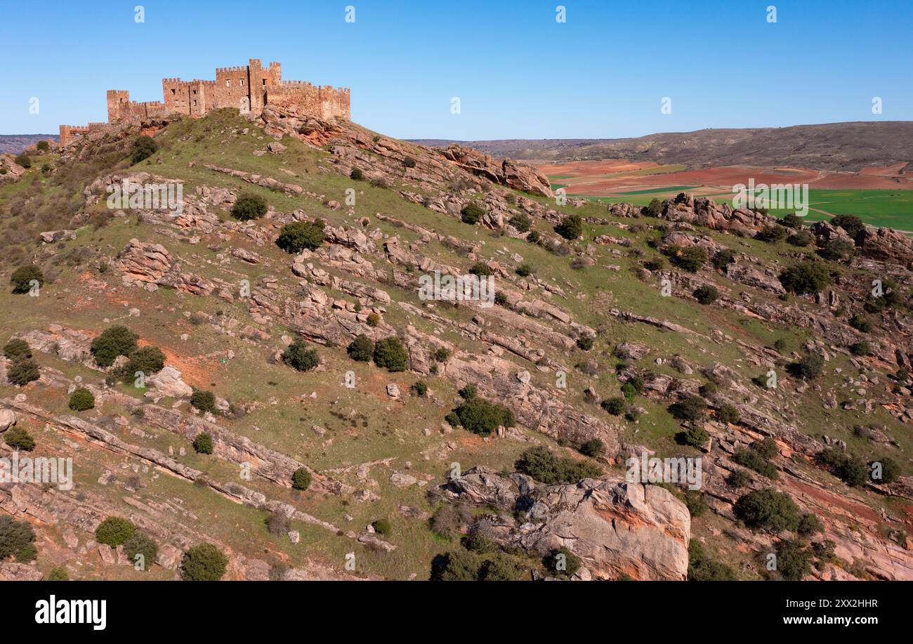 Ruins of Castle of Riba de Santiuste from afar, drone photo Stock Photo ...