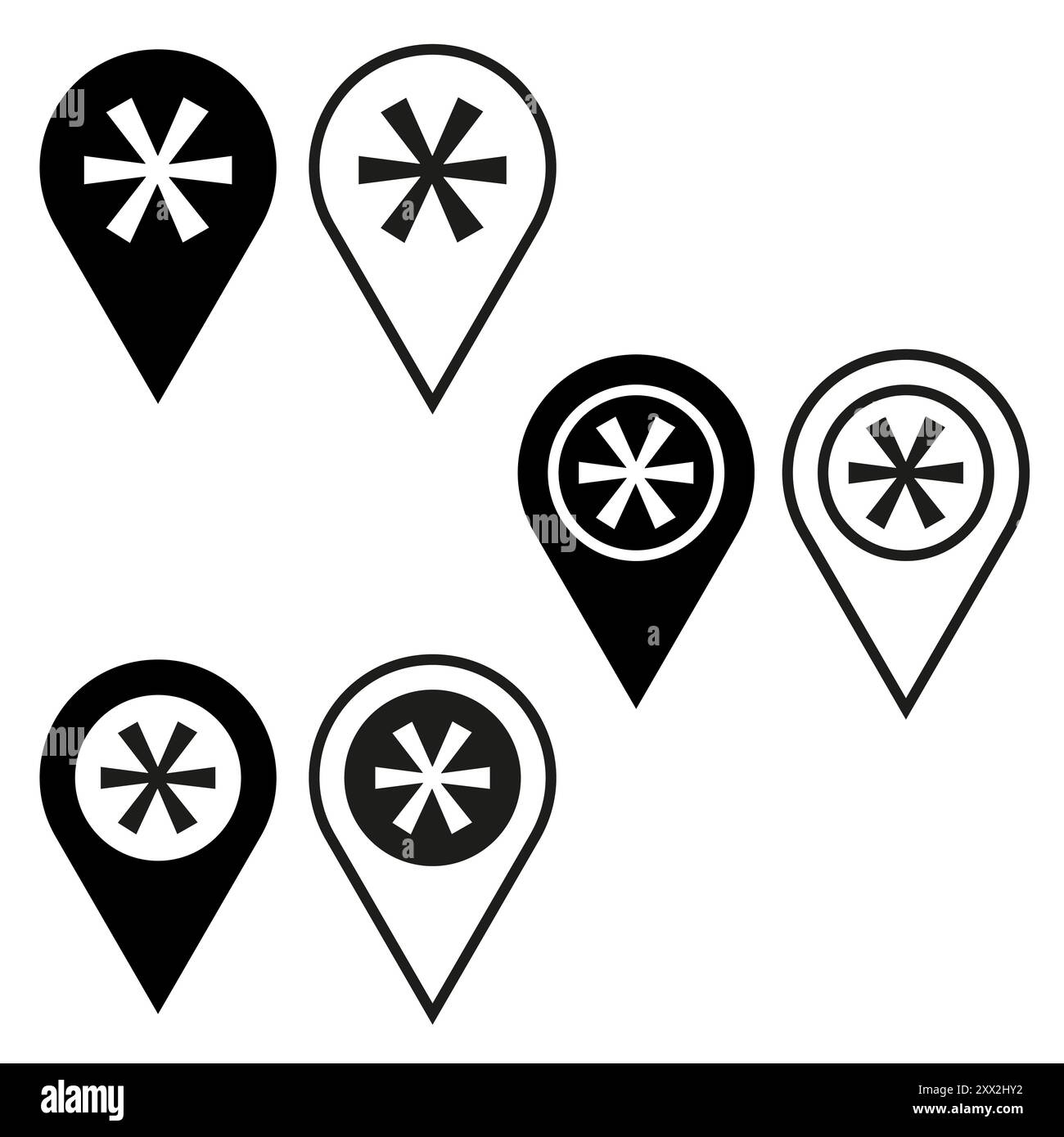 Map location icons. Asterisk symbol focus. Simple black outline. Vector ...