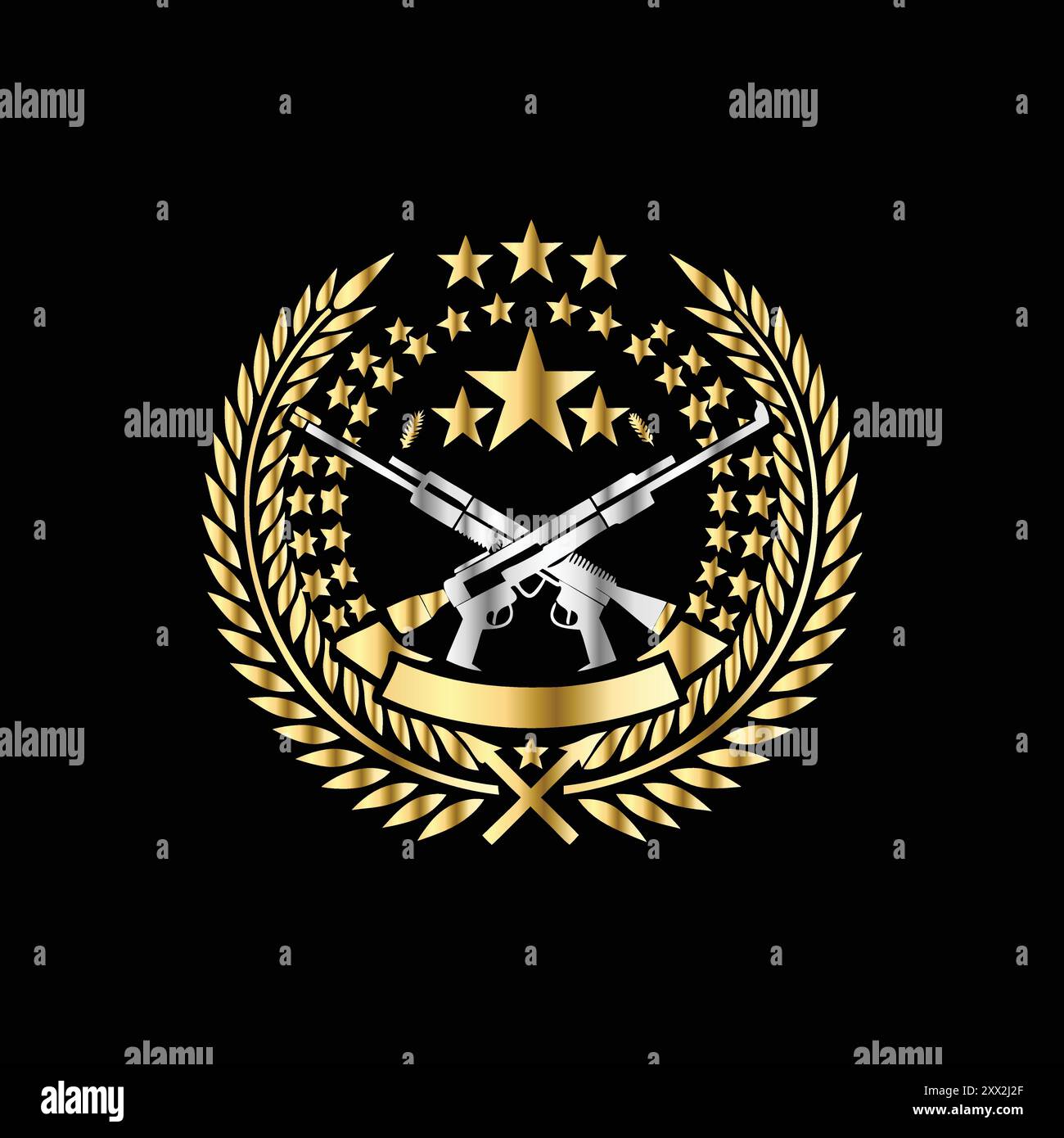 Crossed guns with golden laurel wreath vector logo template. Crossed ...