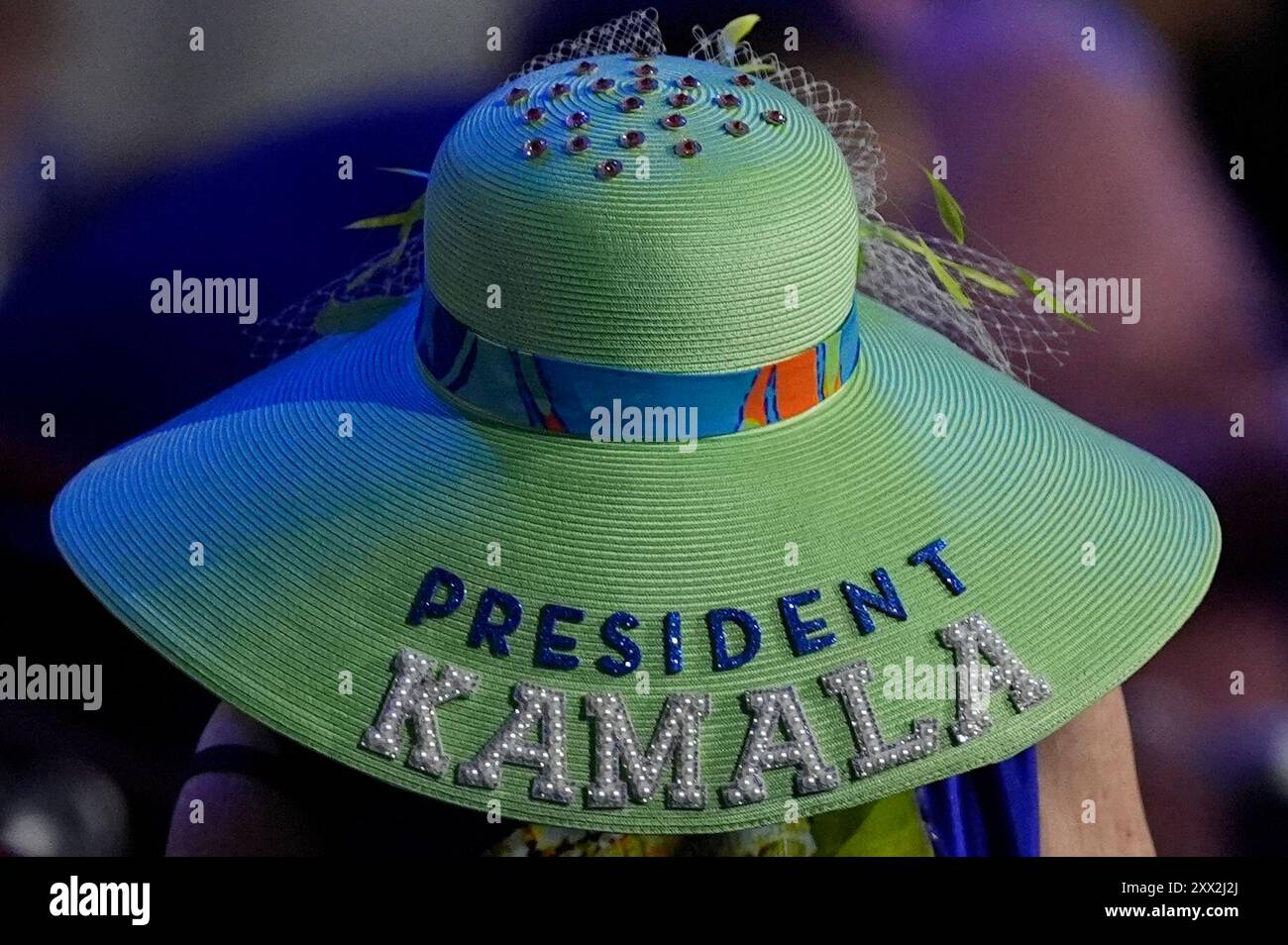 A woman wears a Kamala Harris hat during the Democratic National ...