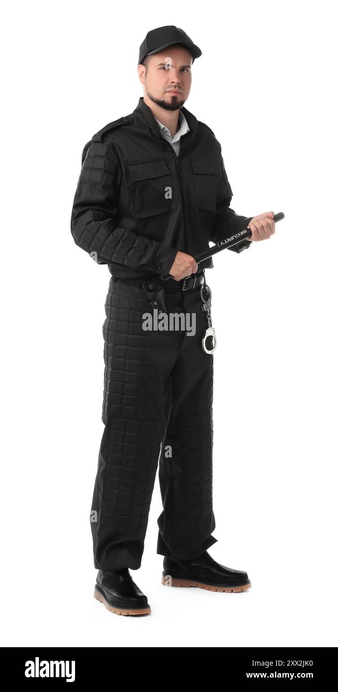 Young security guard in uniform with baton isolated on white Stock ...