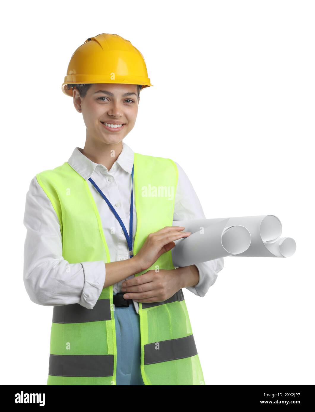 Engineer in hard hat with drafts on white background Stock Photo - Alamy