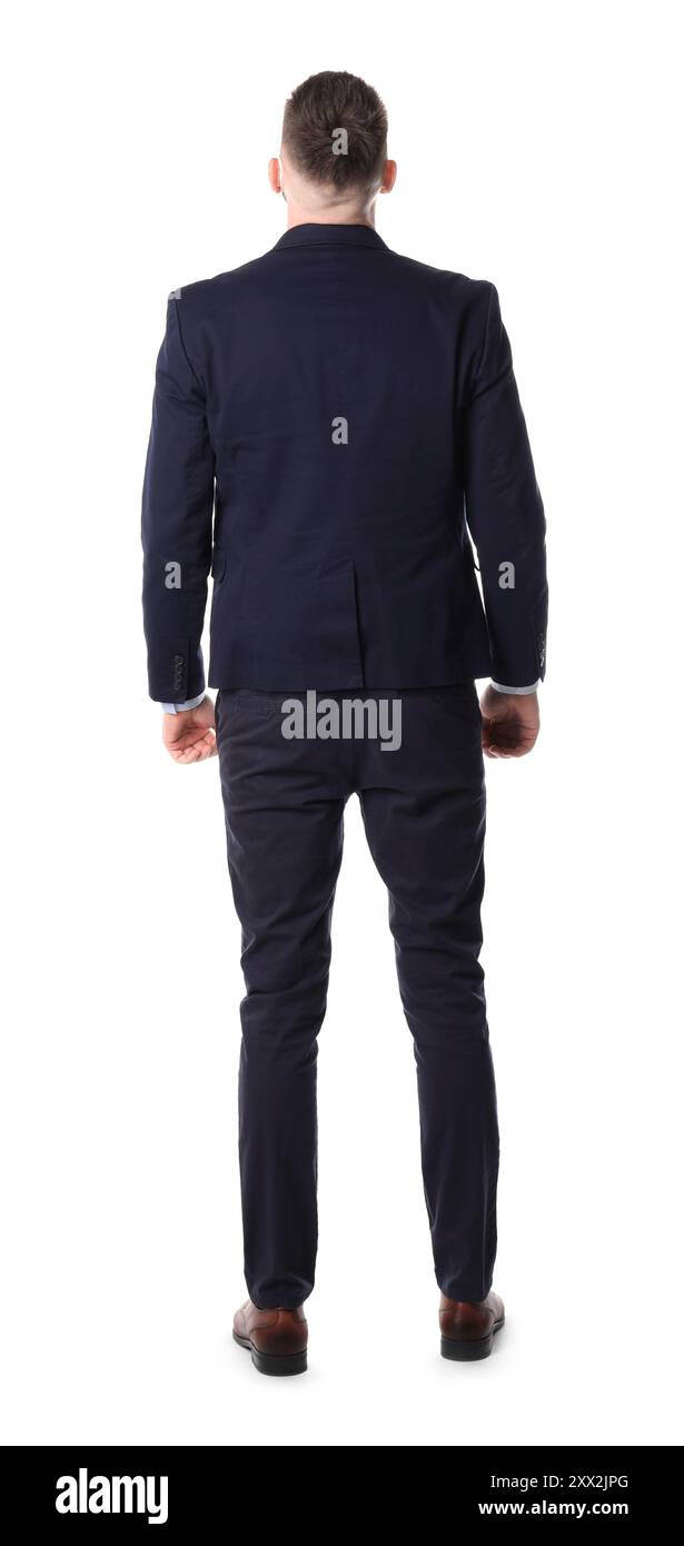 Man standing in queue on white background, back view Stock Photo - Alamy