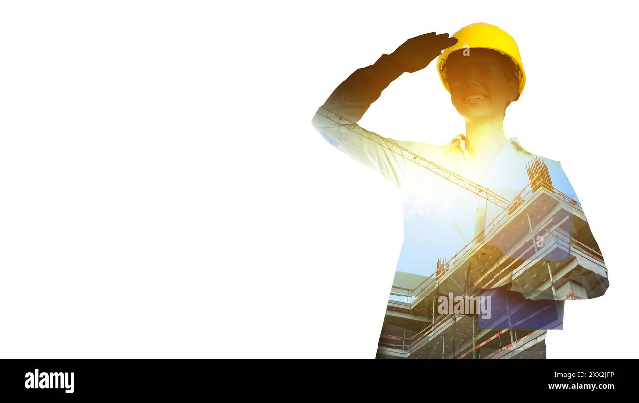 Engineer and unfinished building on white background, double exposure ...