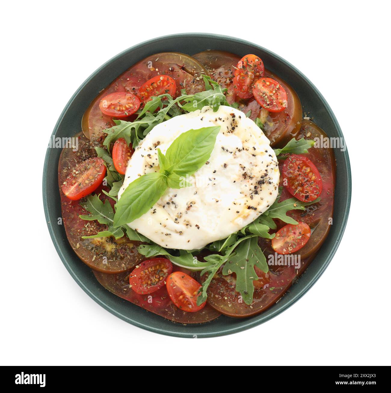 Delicious fresh burrata salad in bowl isolated on white Stock Photo - Alamy
