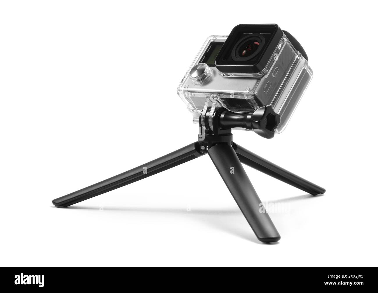 Modern action camera and tripod isolated on white Stock Photo - Alamy