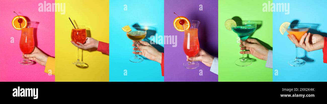 Variety of cocktails in people's hands on different colors backgrounds ...