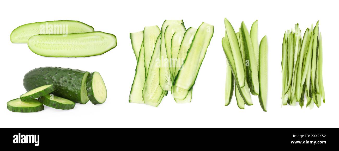 Fresh cucumbers isolated on white, collage. Different types of cuts ...