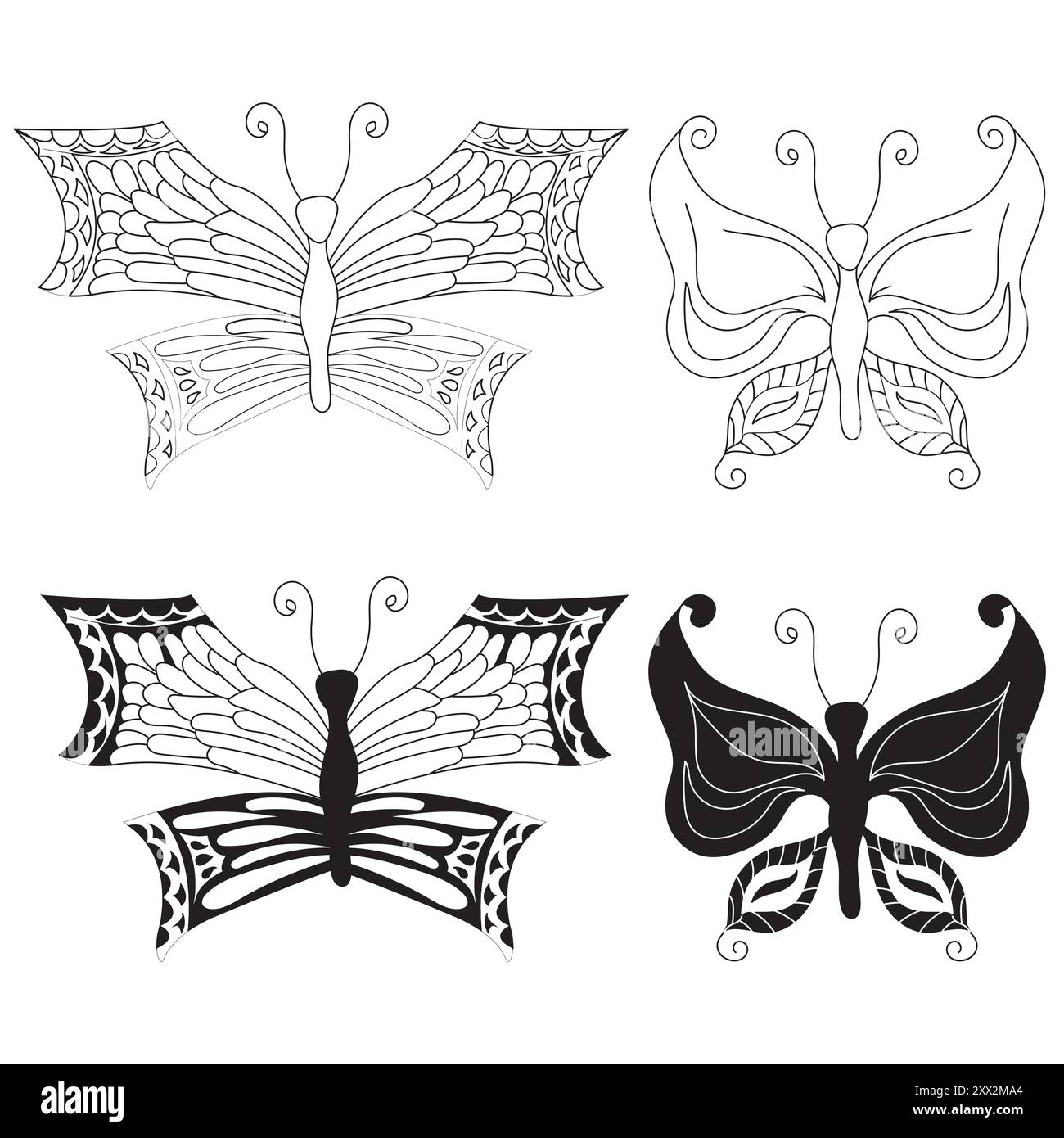 Simple butterflies. Small set in two styles, doodle and silhouette ...