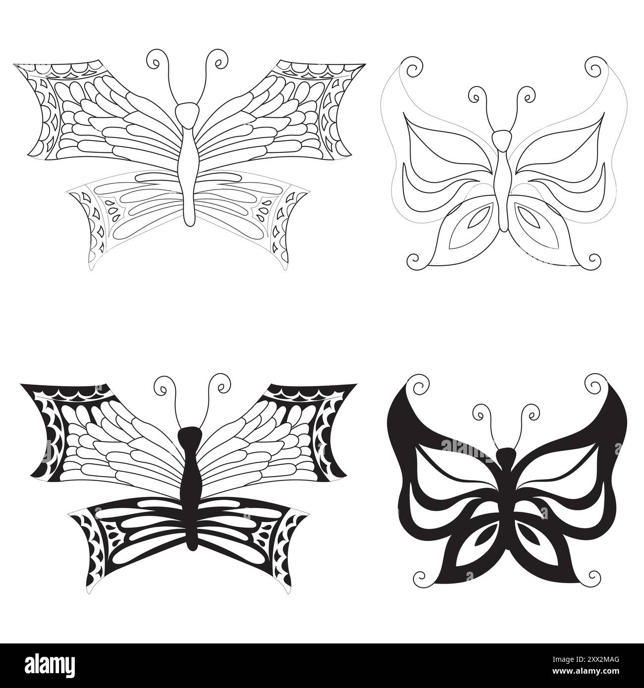 Simple butterflies. Small set in two styles, doodle and silhouette ...