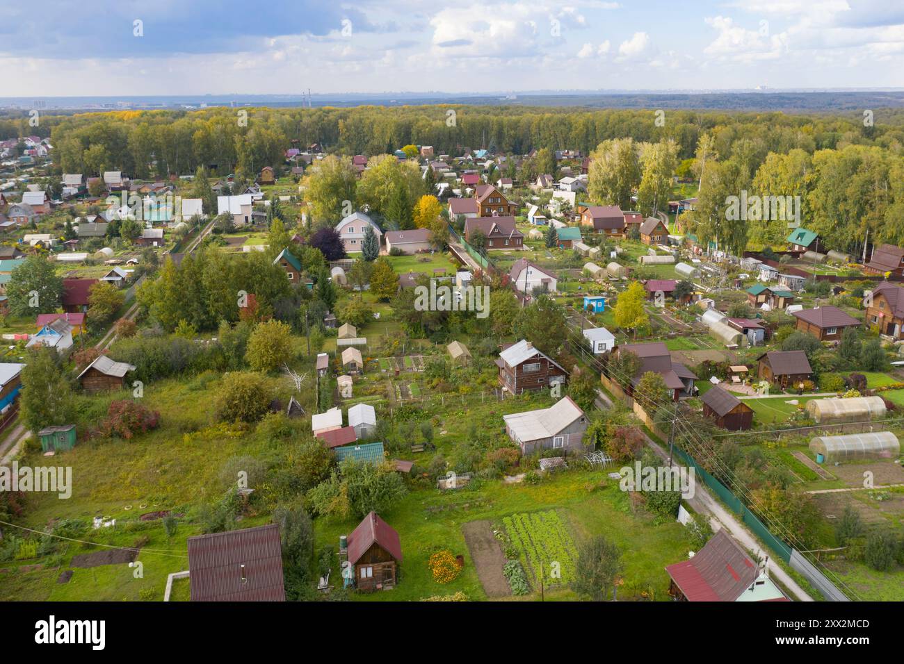 Aerial view of summer cottages in the suburbs in Siberia in summer ...