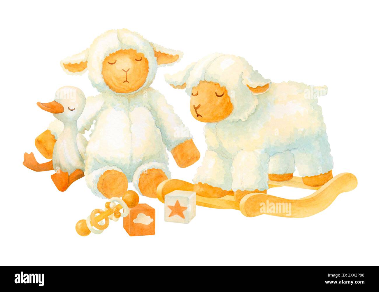 Isolated watercolor composition of sleeping plush and wooden toys with ...