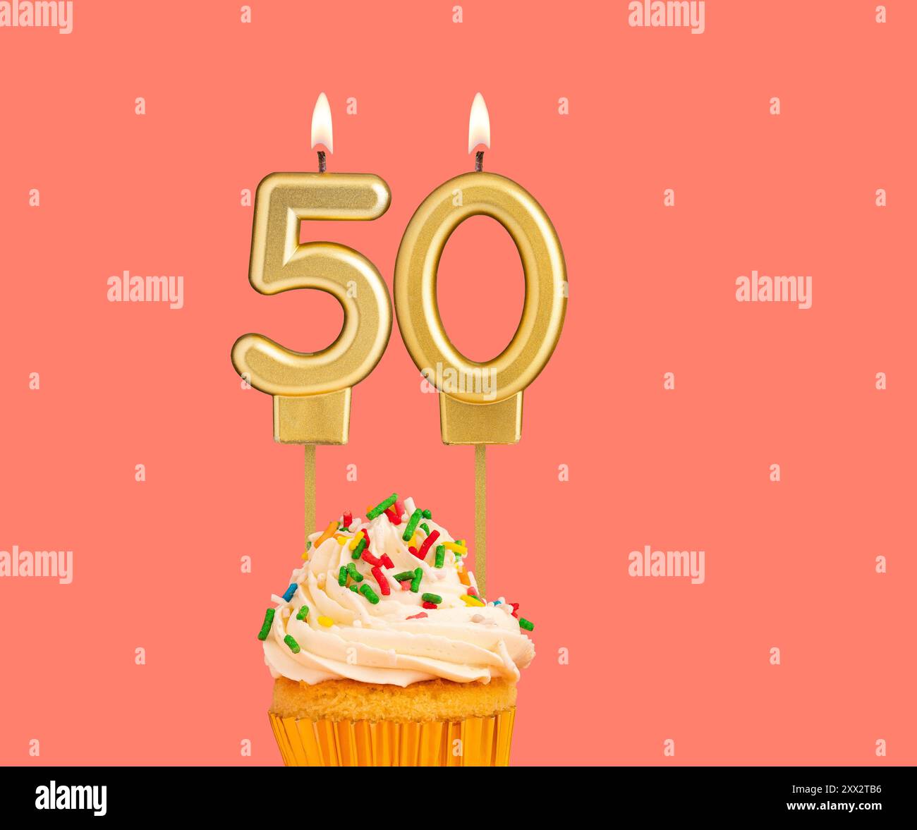 Birthday cake with burning candle number 50 hi-res stock photography ...