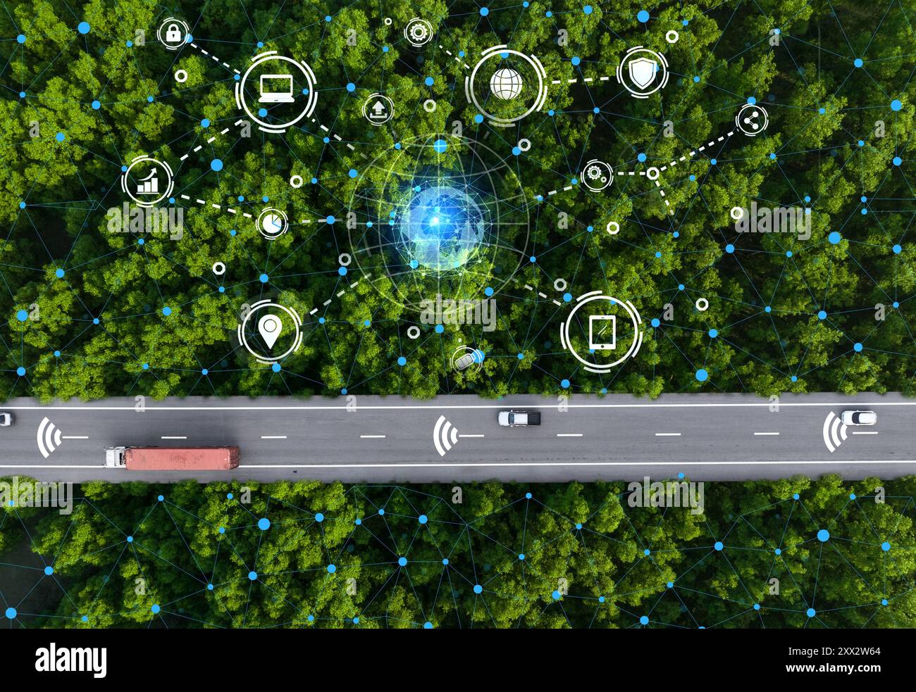 Aerial top view driverless car and hydrogen-powered truck cruising ...