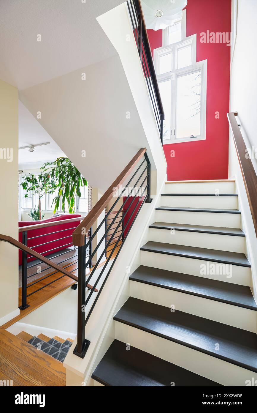 Stairs in home with black treads and white risers and new wrought iron ...