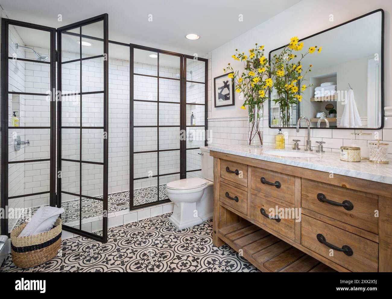 Stylish bathroom with patterned cement tile floor and black metal and ...