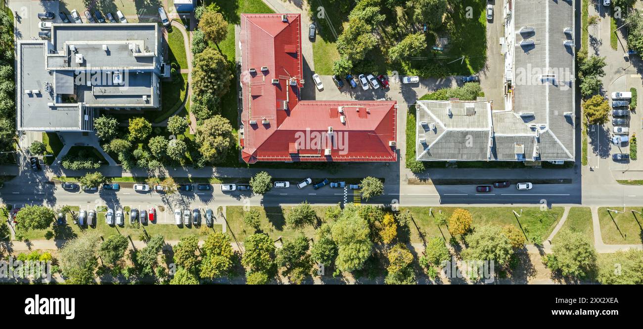 aerial top view of city residential area with small office building ...