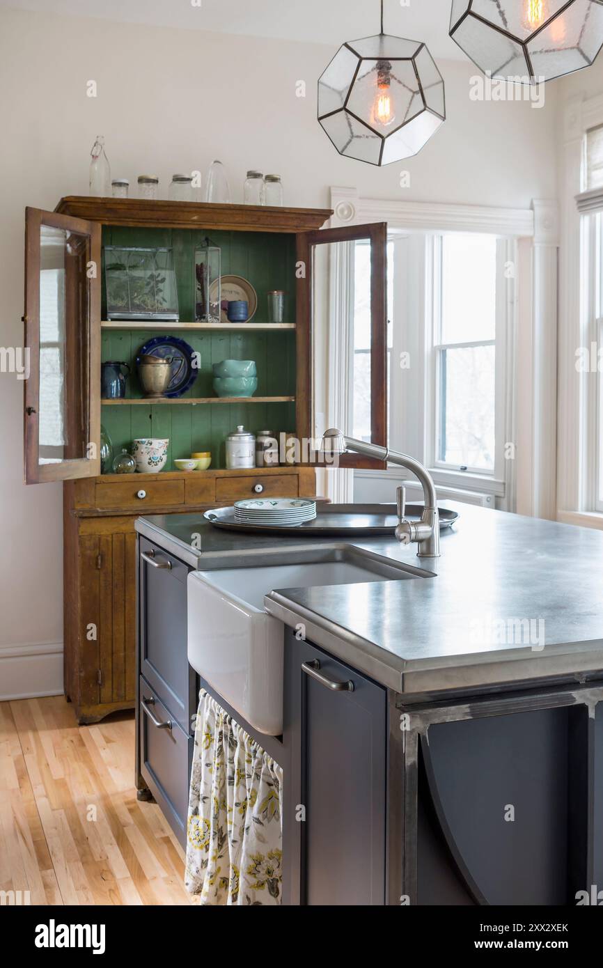 Kitchen island with solid pewter top and vintage china cabinet in ...