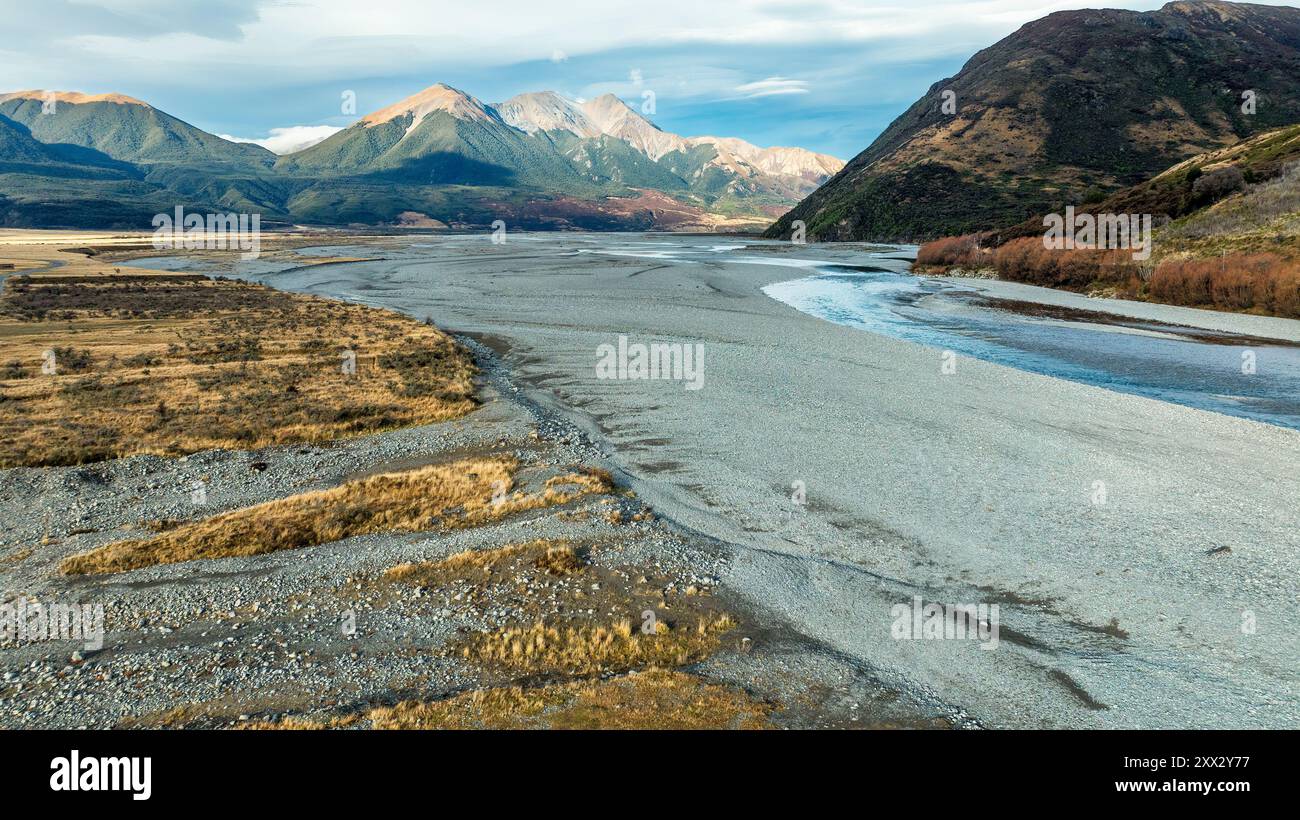 The braided waimakariri river flowing through Hawdon valley near ...