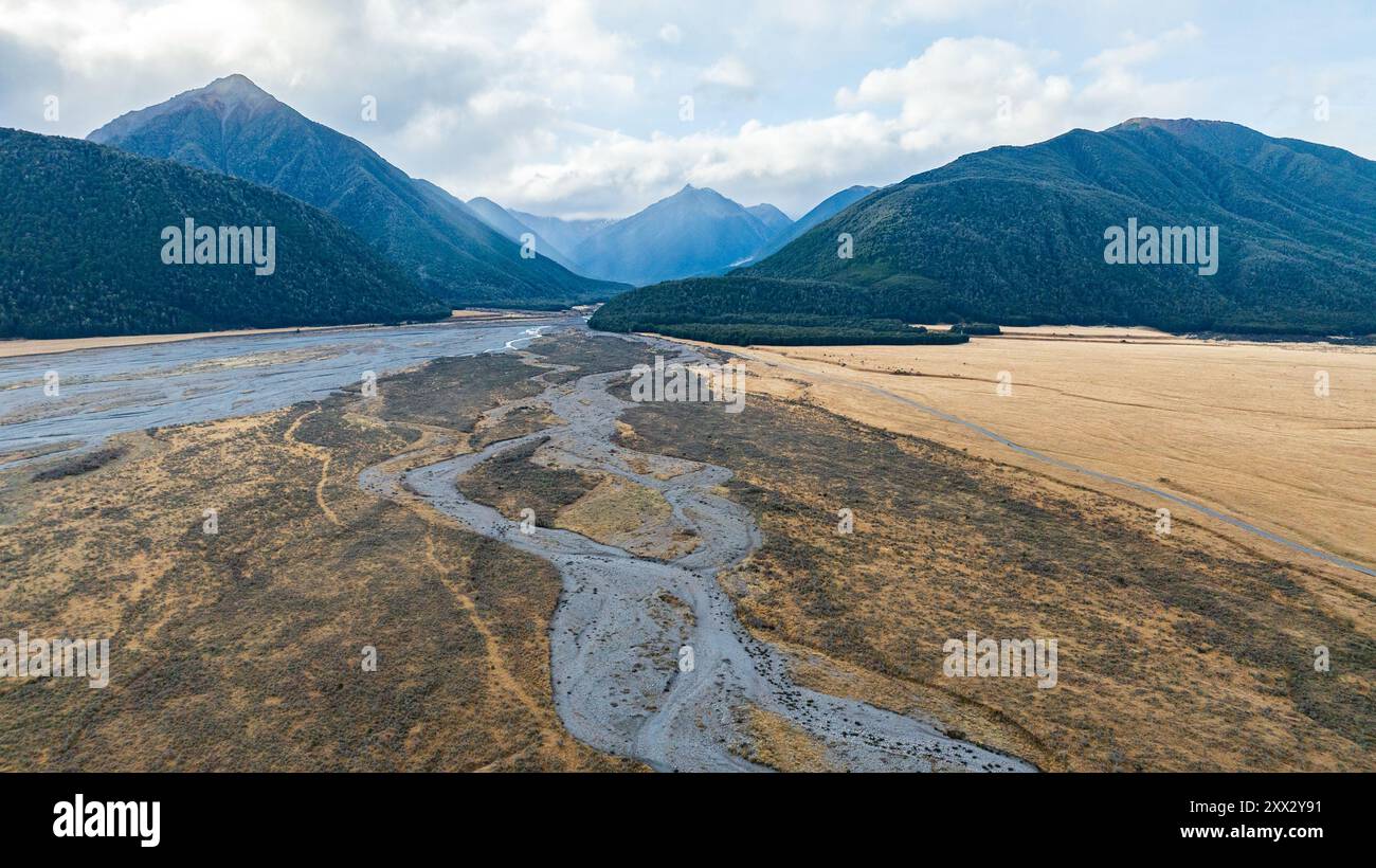 The braided waimakariri river flowing through Hawdon valley near ...