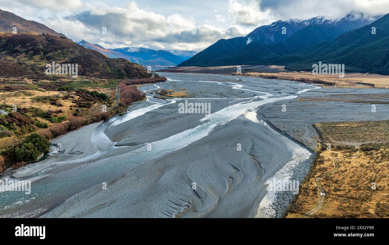 The braided waimakariri river flowing through Hawdon valley near ...