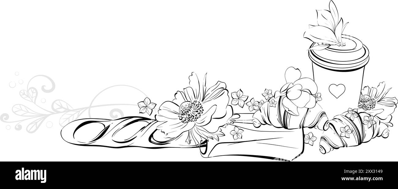 Vector border Traditional french baguette and croissant. Paper cup of ...