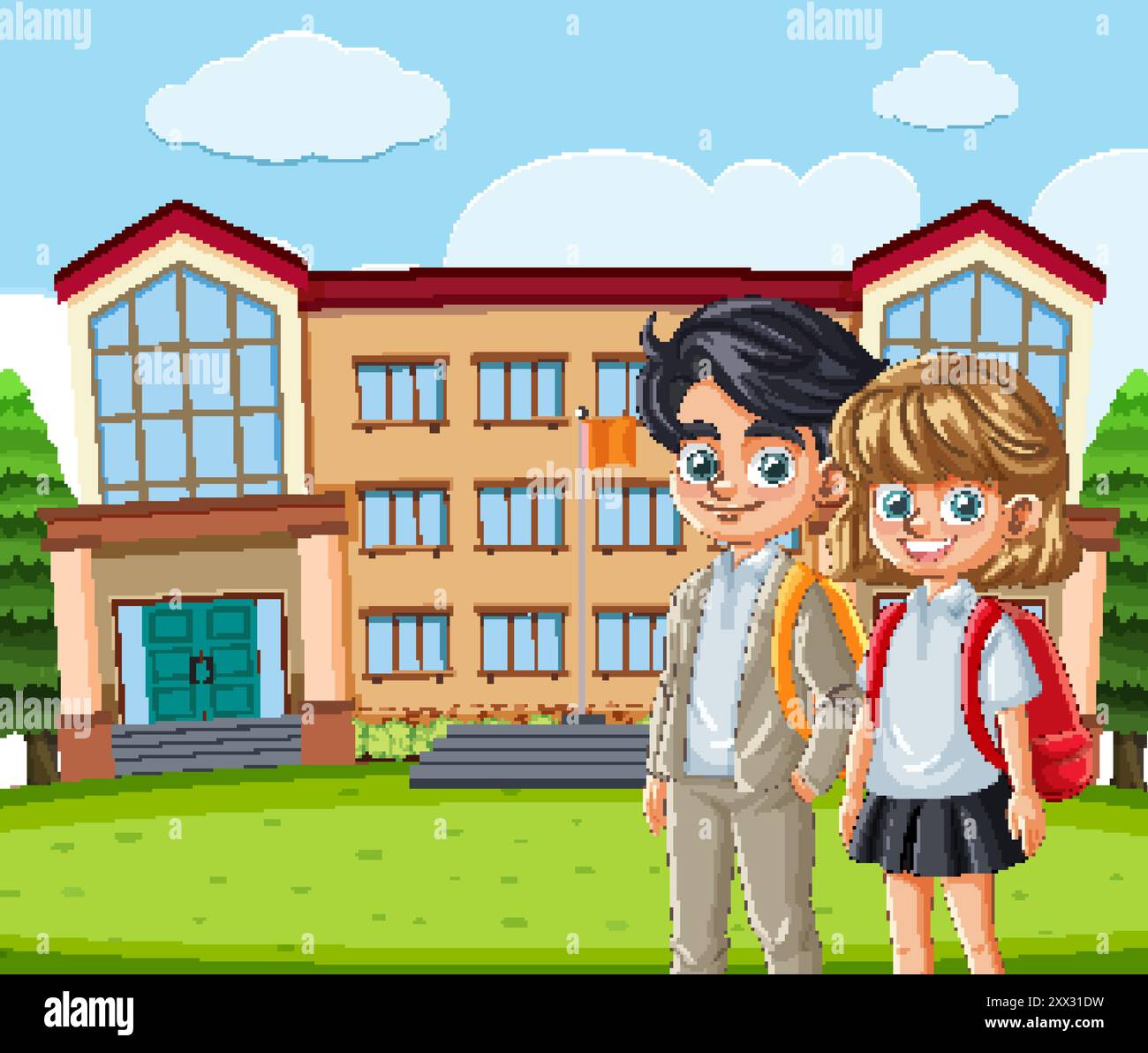 Two kids standing outside a school building Stock Vector Image & Art ...