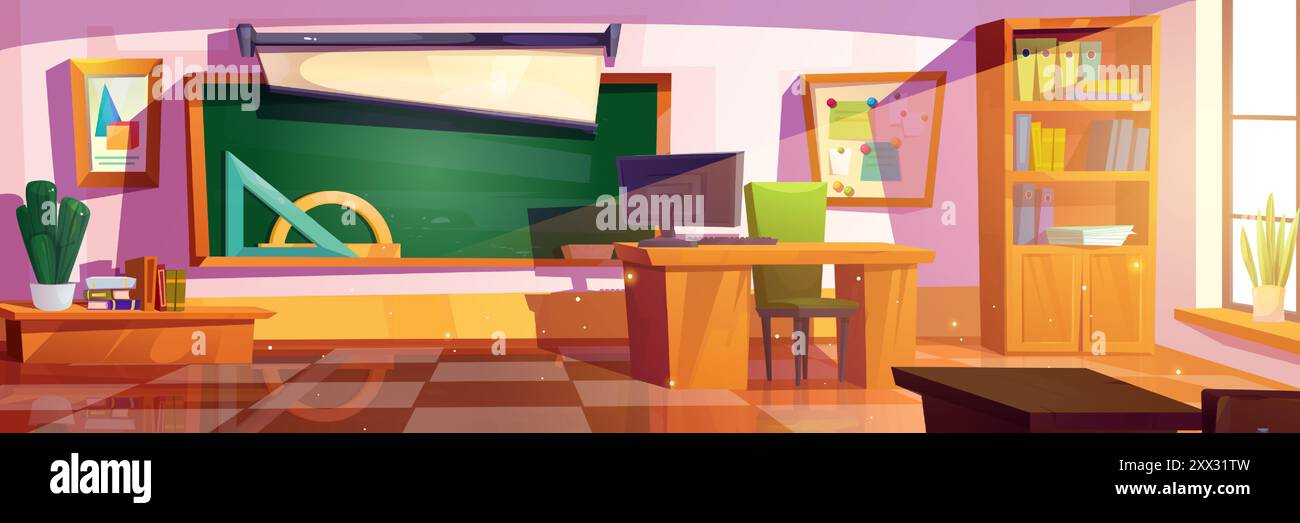 School classroom interior with teacher table and green chalkboard on ...