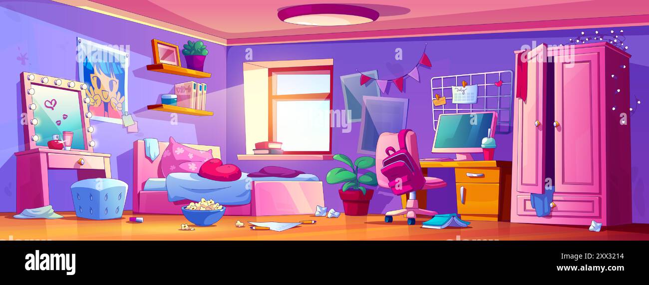 Messy teen girl bedroom interior. Vector cartoon illustration room with ...