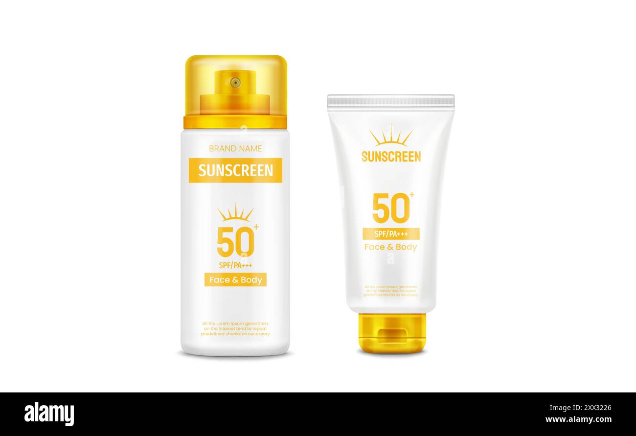 Sunscreen cream bottle and tube with yellow cap. Realistic 3d vector ...