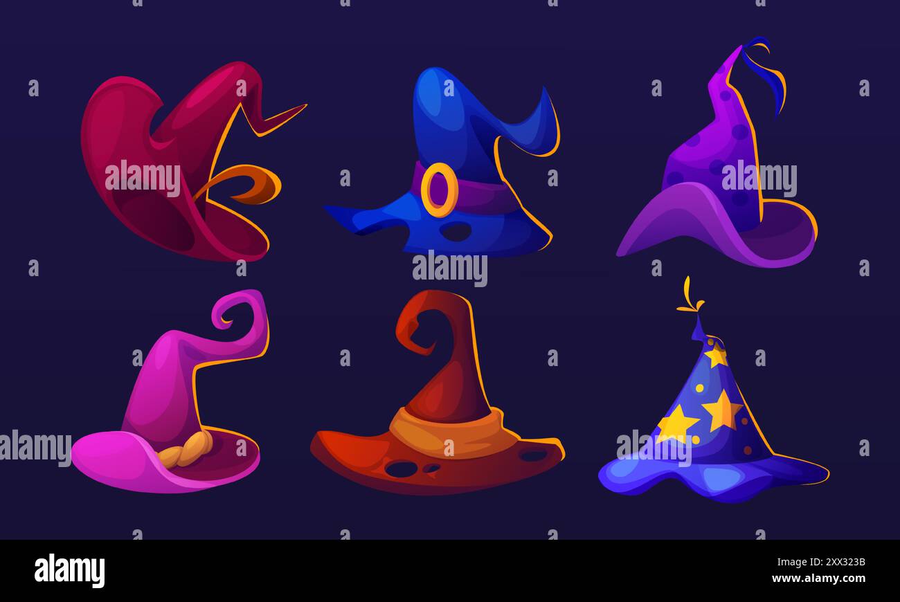 Magic fairy witch cap with pointy end and decorative elements. Cartoon ...