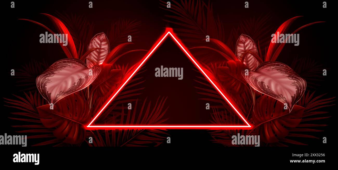 Neon triangle and red tropical plants on black background. Vector ...