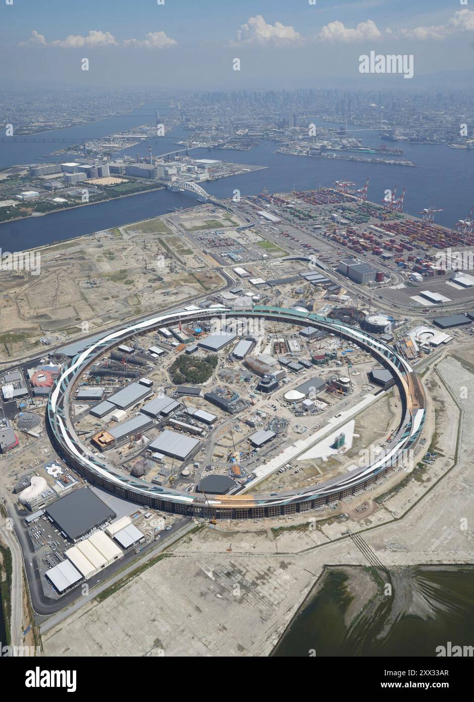 An aerial photo shows Yumeshima, the venue for Expo 2025 Osaka, Kansai ...