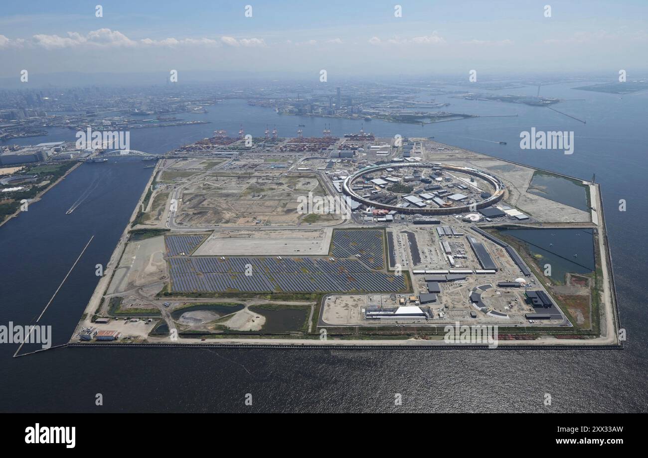 An aerial photo shows Yumeshima, the venue for Expo 2025 Osaka, Kansai ...