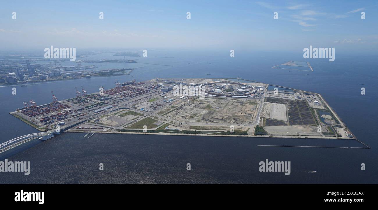 An aerial photo shows Yumeshima, the venue for Expo 2025 Osaka, Kansai ...