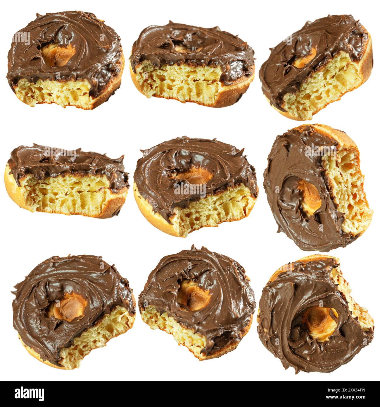 A series of mini donuts with chocolate frosting. The donuts are ...