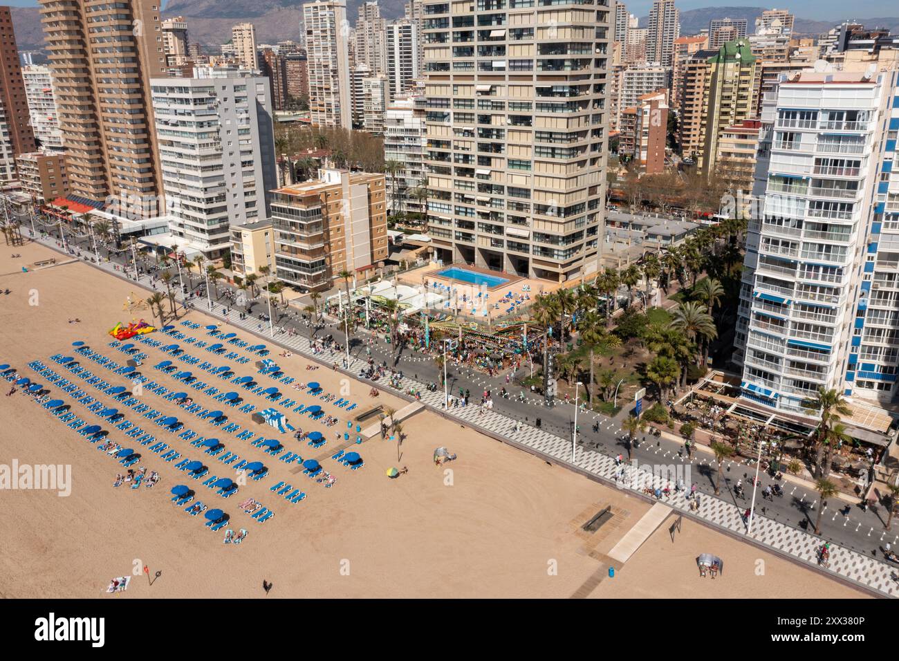 Aerial drone photo of the town of Benidorm in Spain in the summer time ...