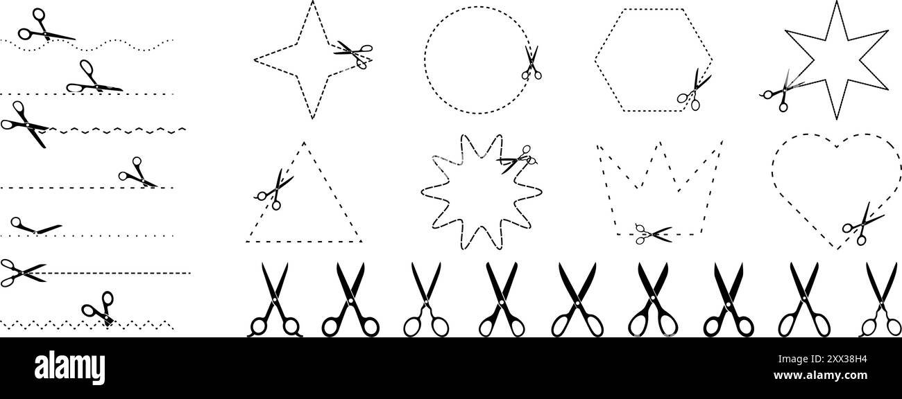 Set of scissors with cut lines and geometric shapes. Cut here symbol ...