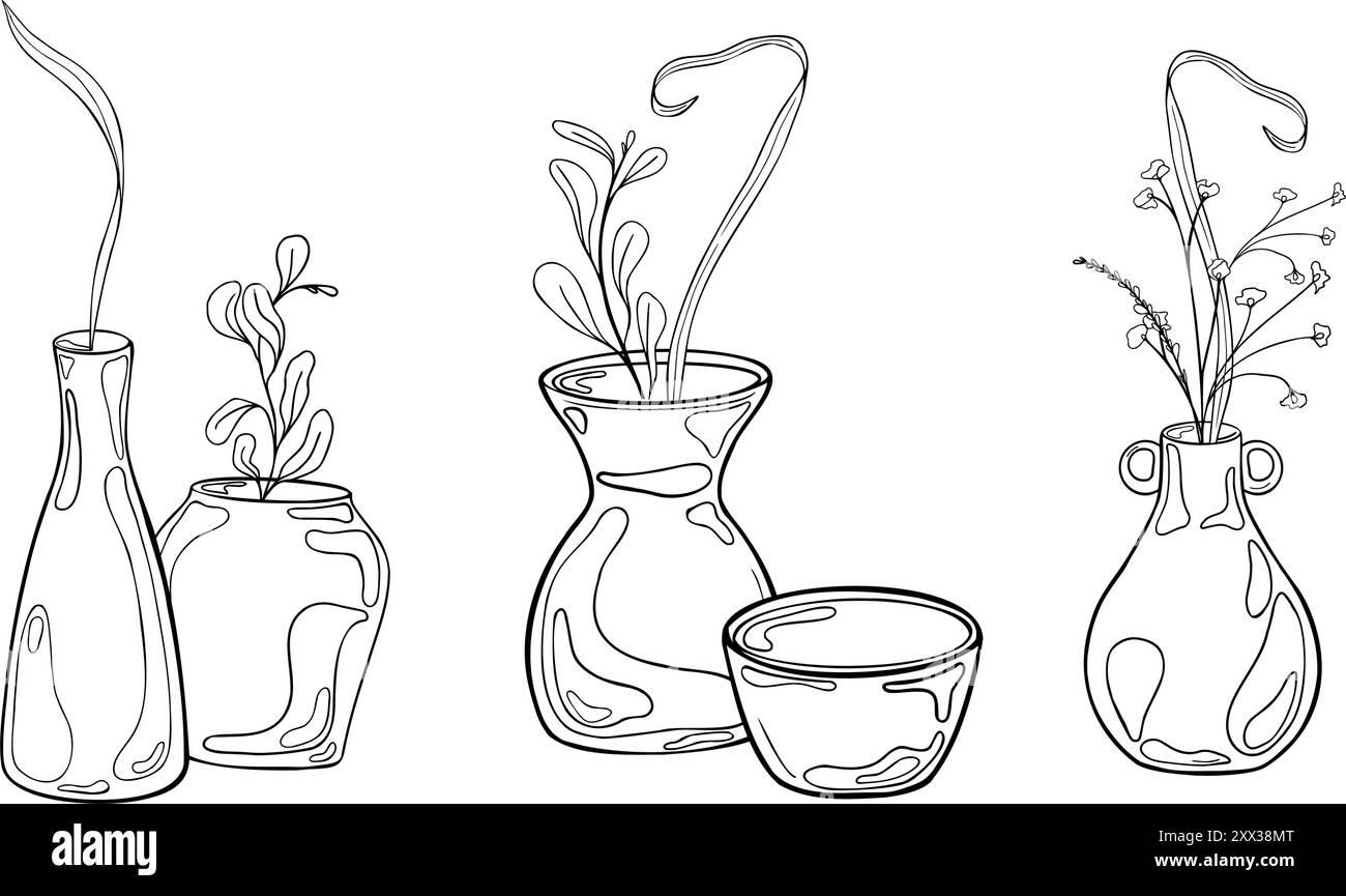 Clay vases with long stems in set black white vector illustration ...
