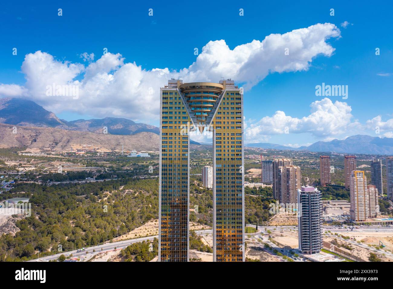 Aerial drone photo of the beautiful town of Benidorm in Spain showing ...