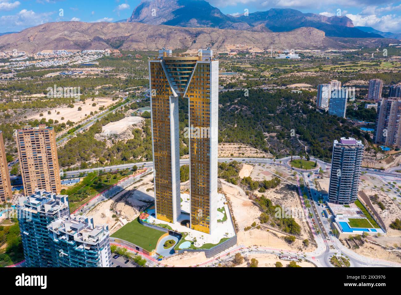 Aerial drone photo of the beautiful town of Benidorm in Spain showing ...