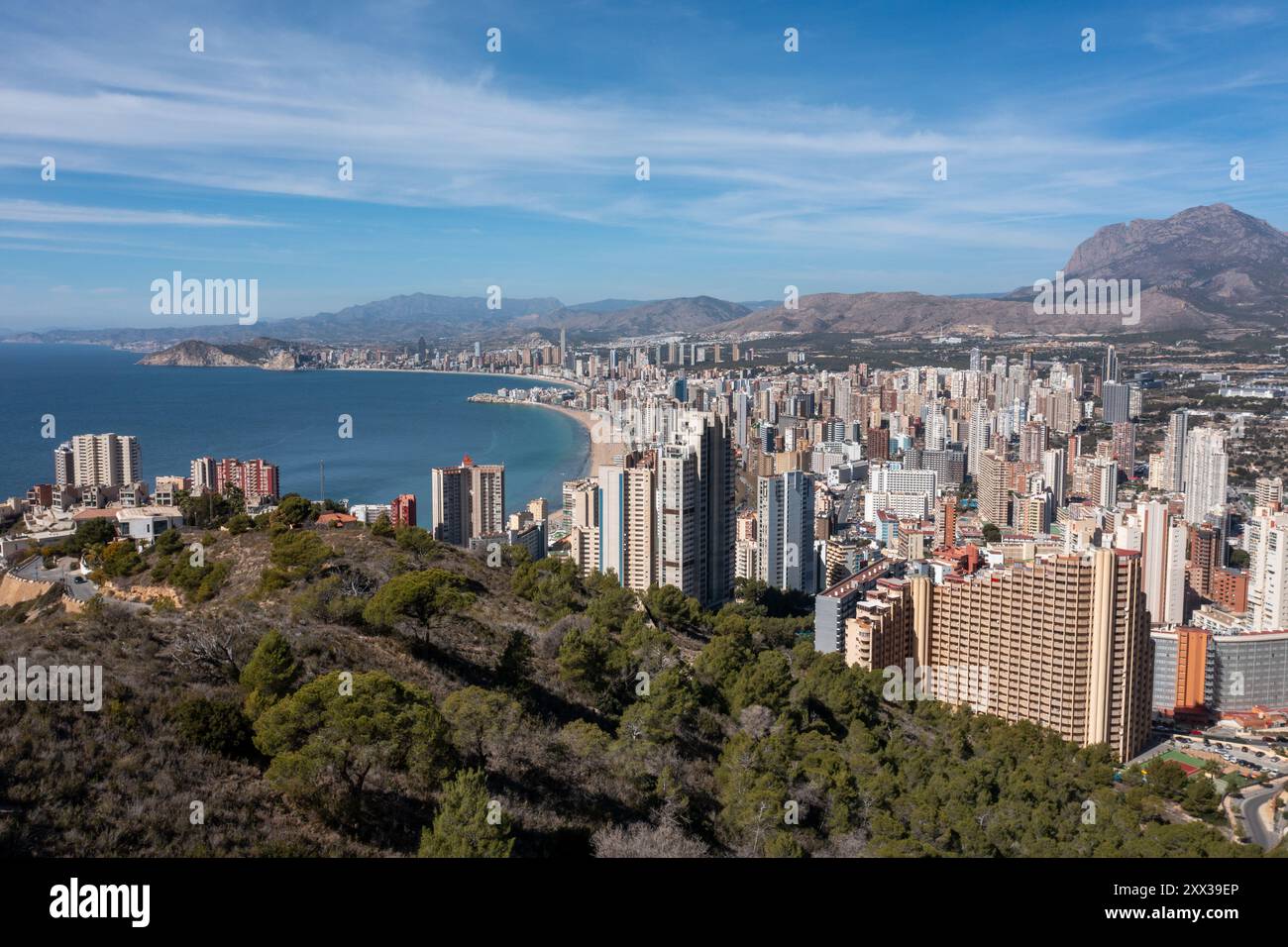 Aerial drone photo of the town of Benidorm in Spain in the summer time ...
