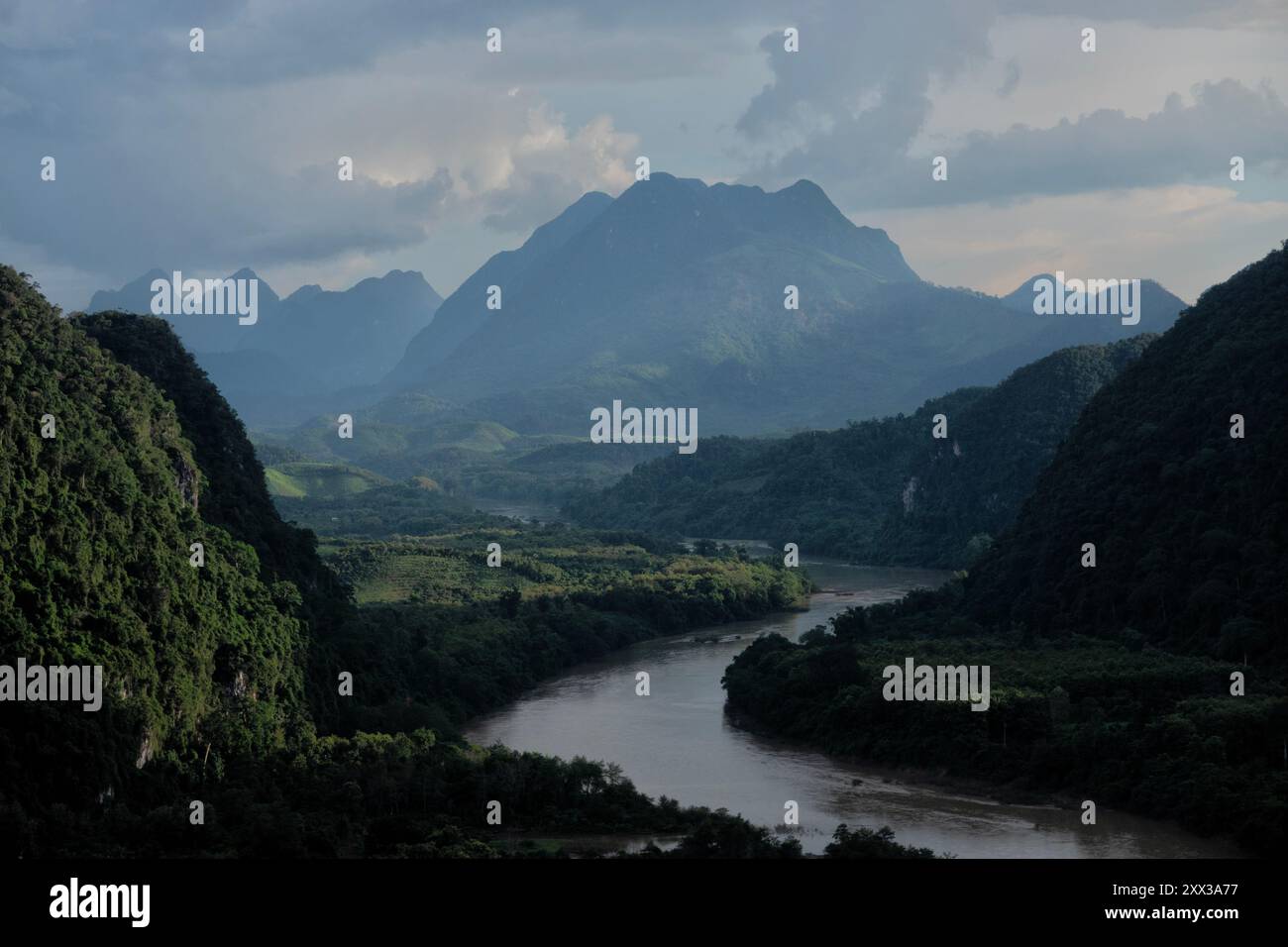 View of the Nam Ou River and limestone peaks, Muang Ngoi Neua, Muang ...