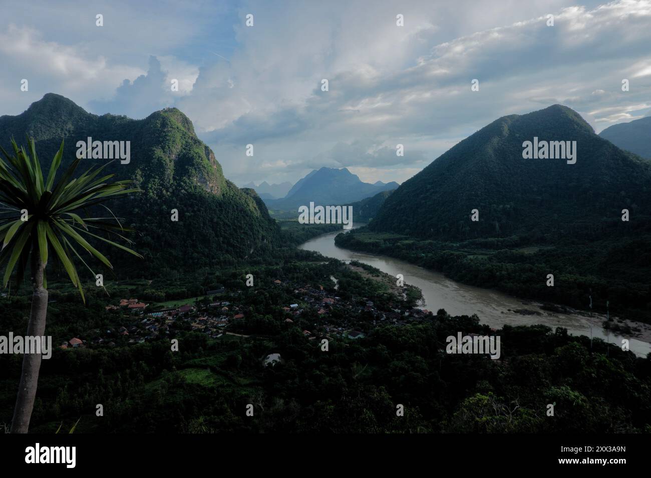 View of the Nam Ou River and limestone peaks, Muang Ngoi Neua, Muang ...